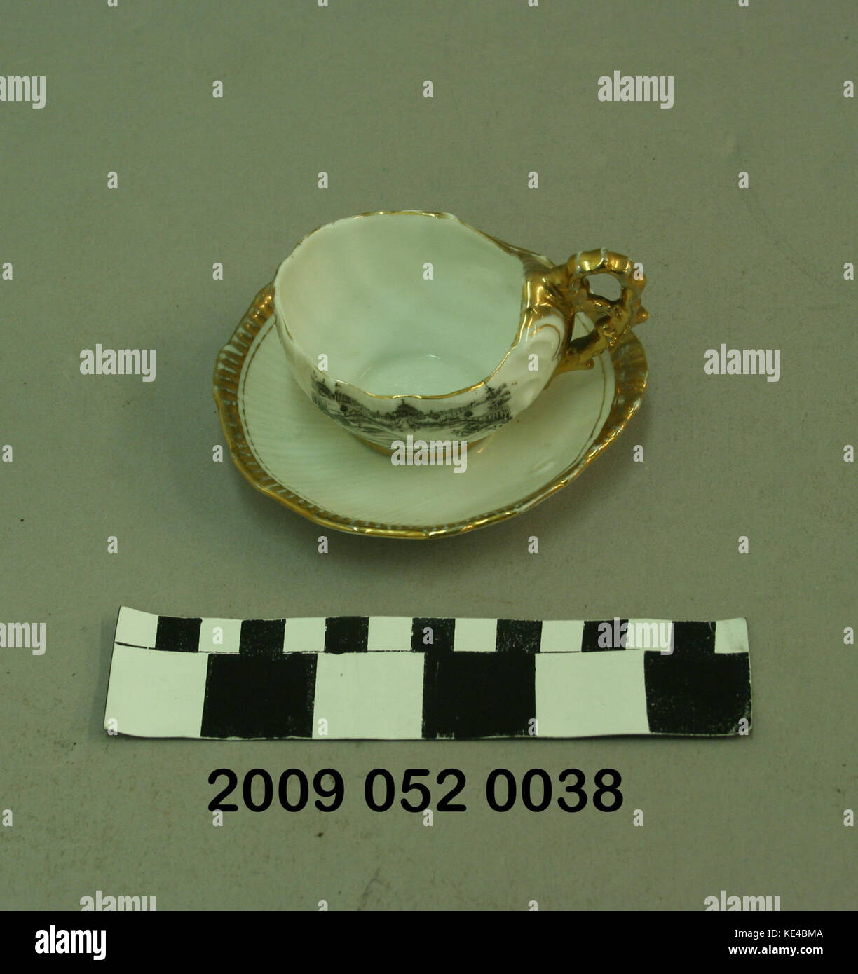 White Shell Shaped Ceramic Cup and Saucer With Black Transfer Image of ...