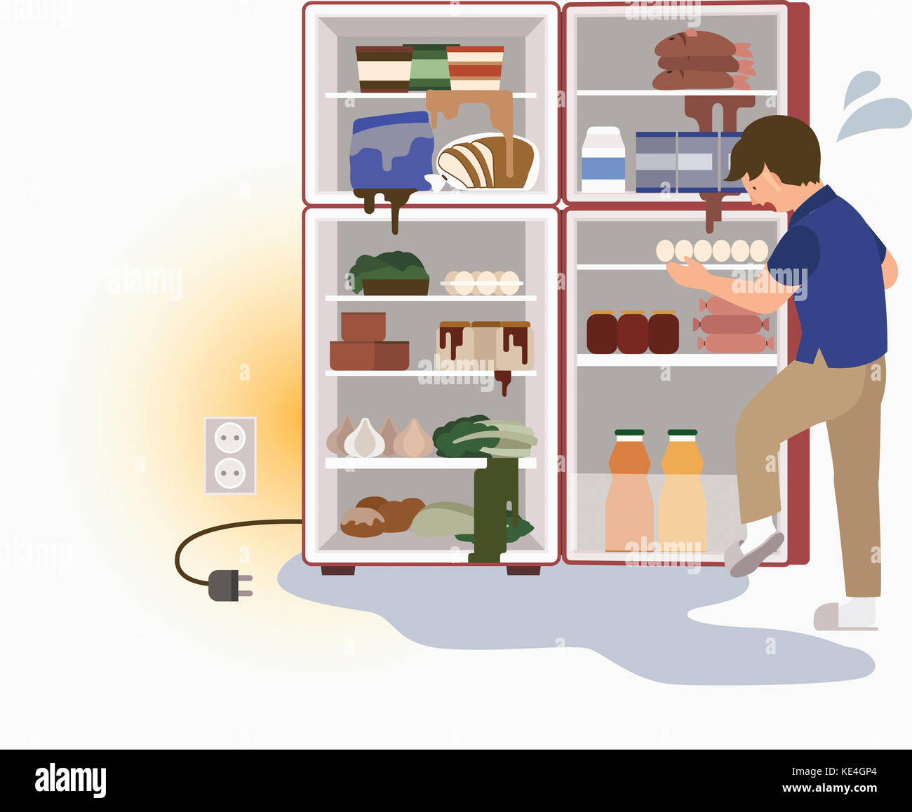 Man surprised opening the door of refrigerator unplugged Stock Photo ...