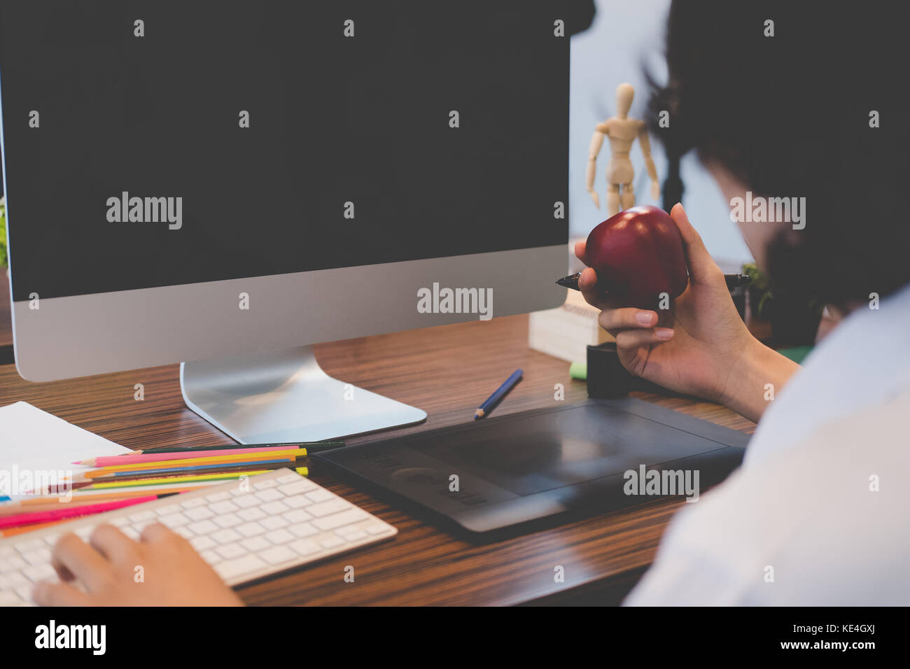 interior designer drawing on graphic tablet at office. artist working ...