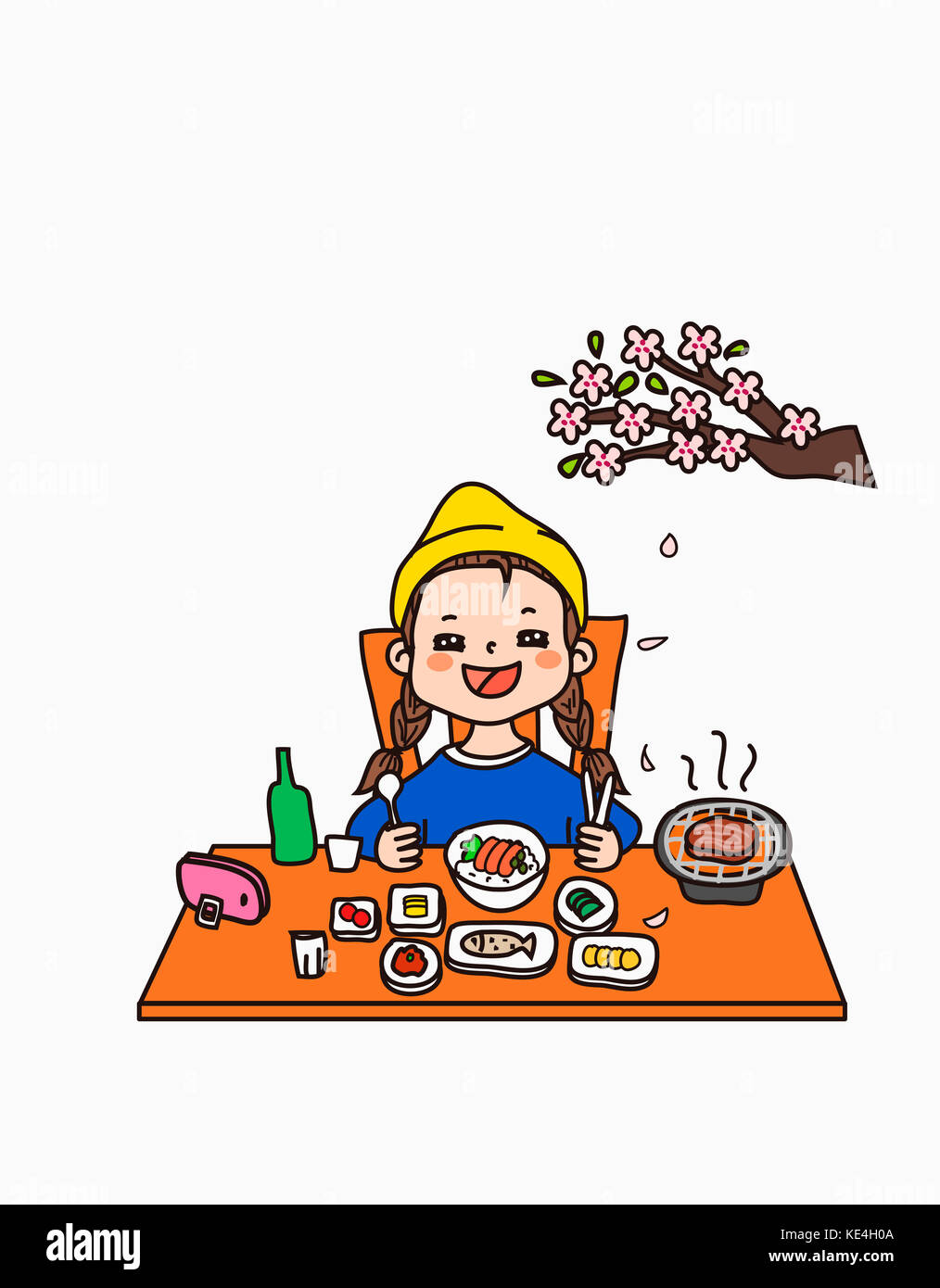 Smiling single woman eating alone Stock Photo - Alamy