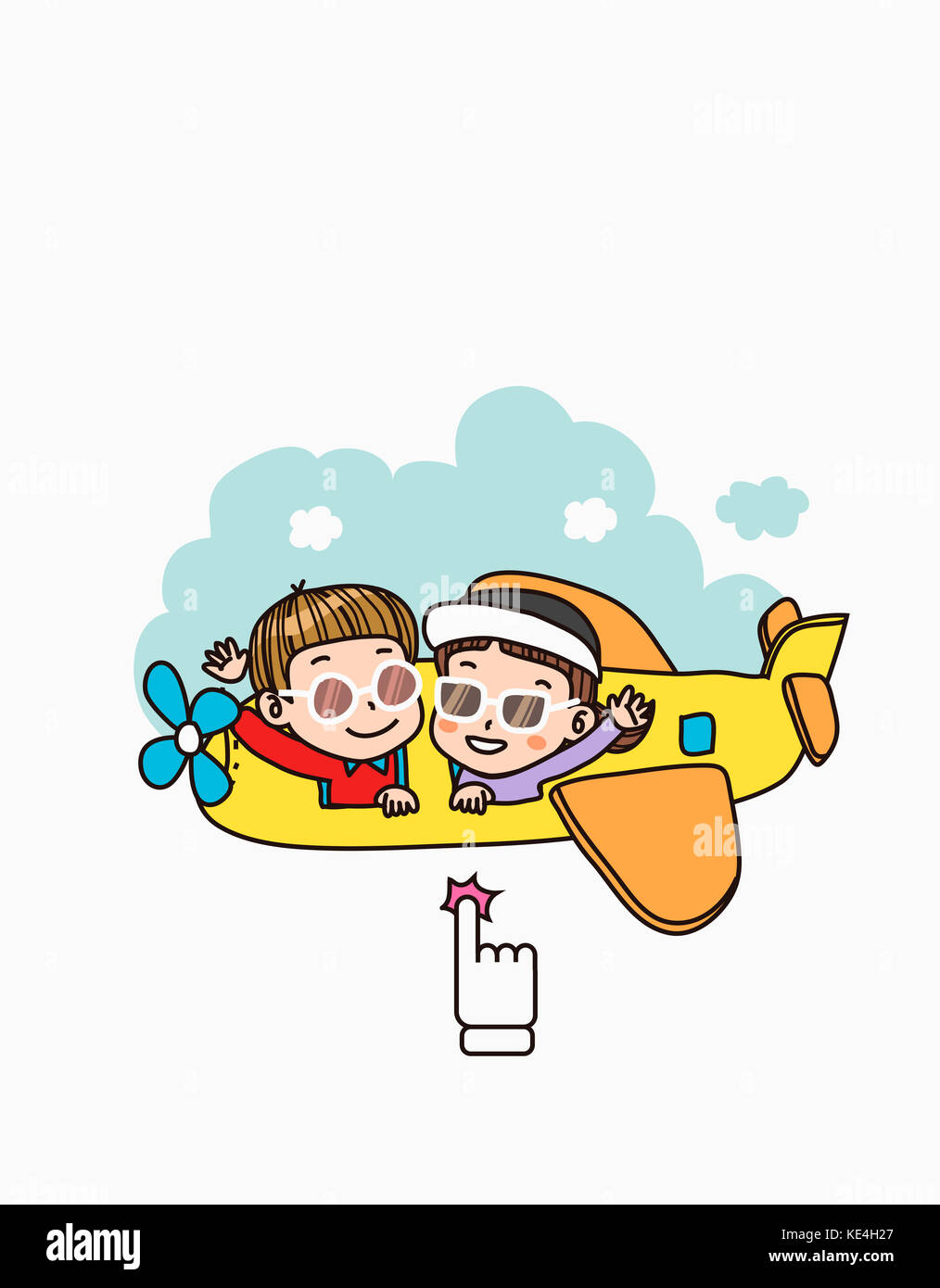Two smiling travelers flying in an airplane Stock Photo - Alamy