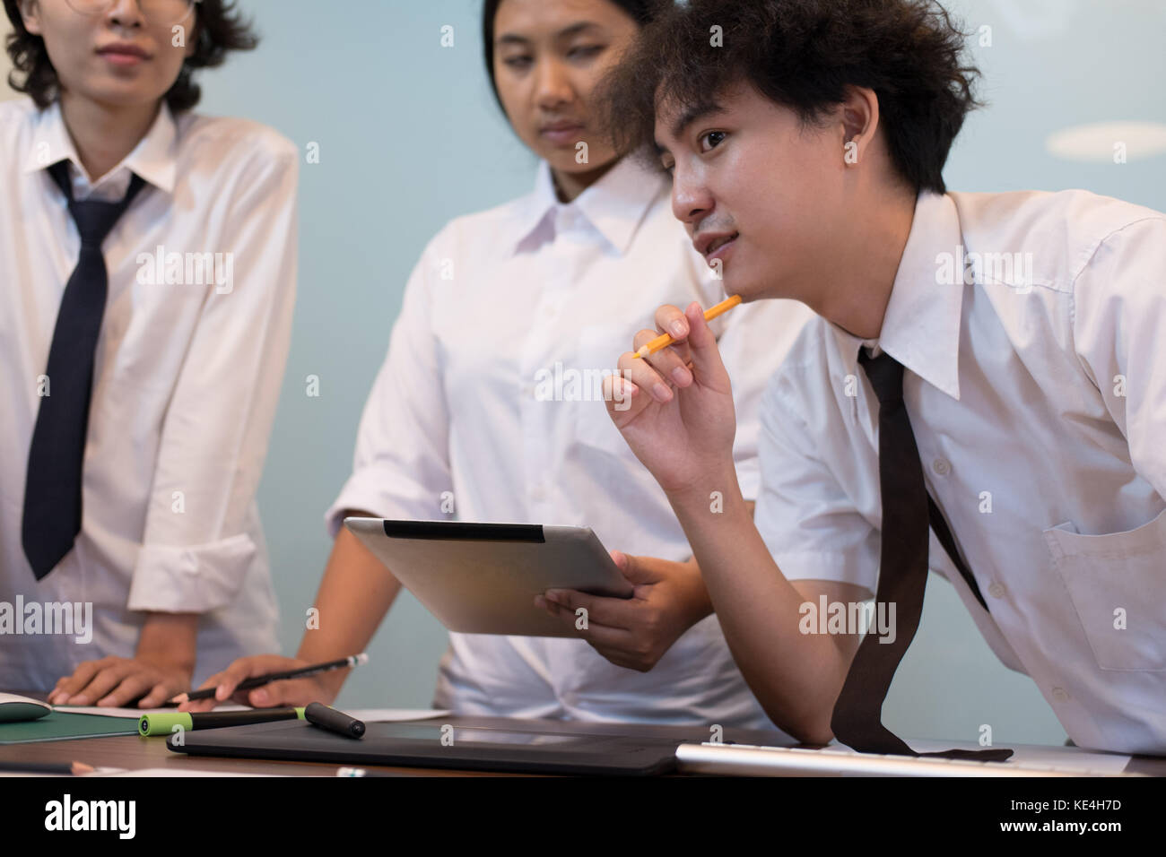 interior designer working with graphic tablet at workplace. artist ...