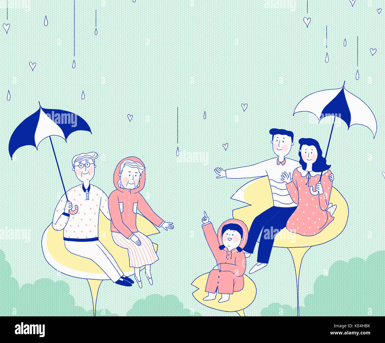 Harmonious big family with umbrellas in the rain Stock Photo - Alamy