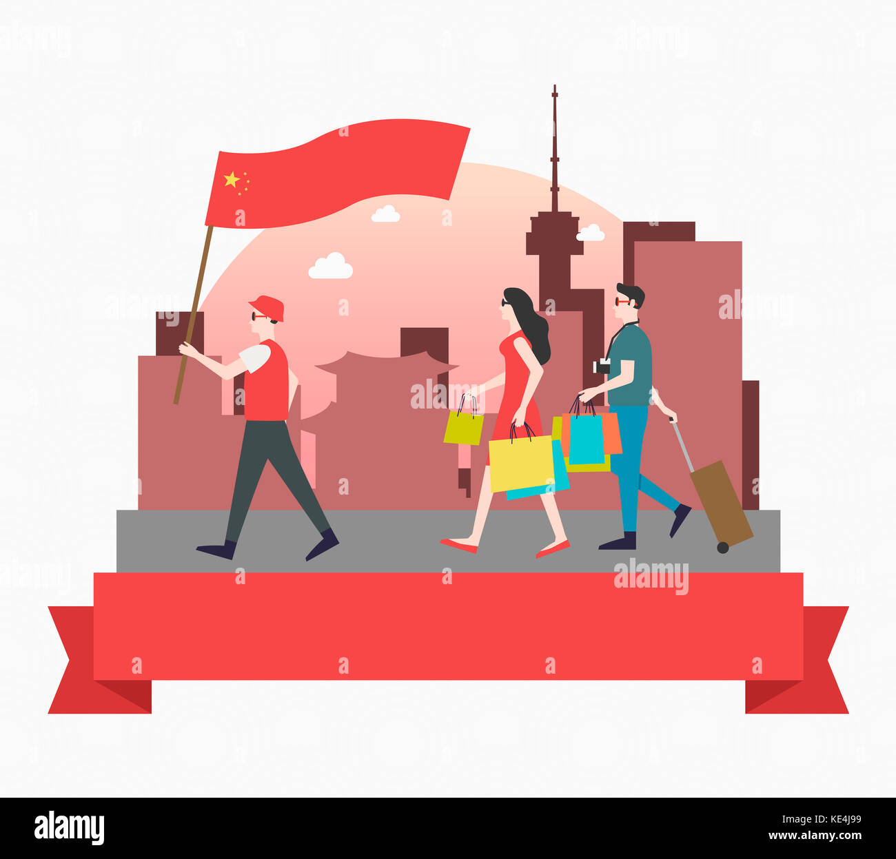 Chinese tour guide and tourists in illustration Stock Photo - Alamy