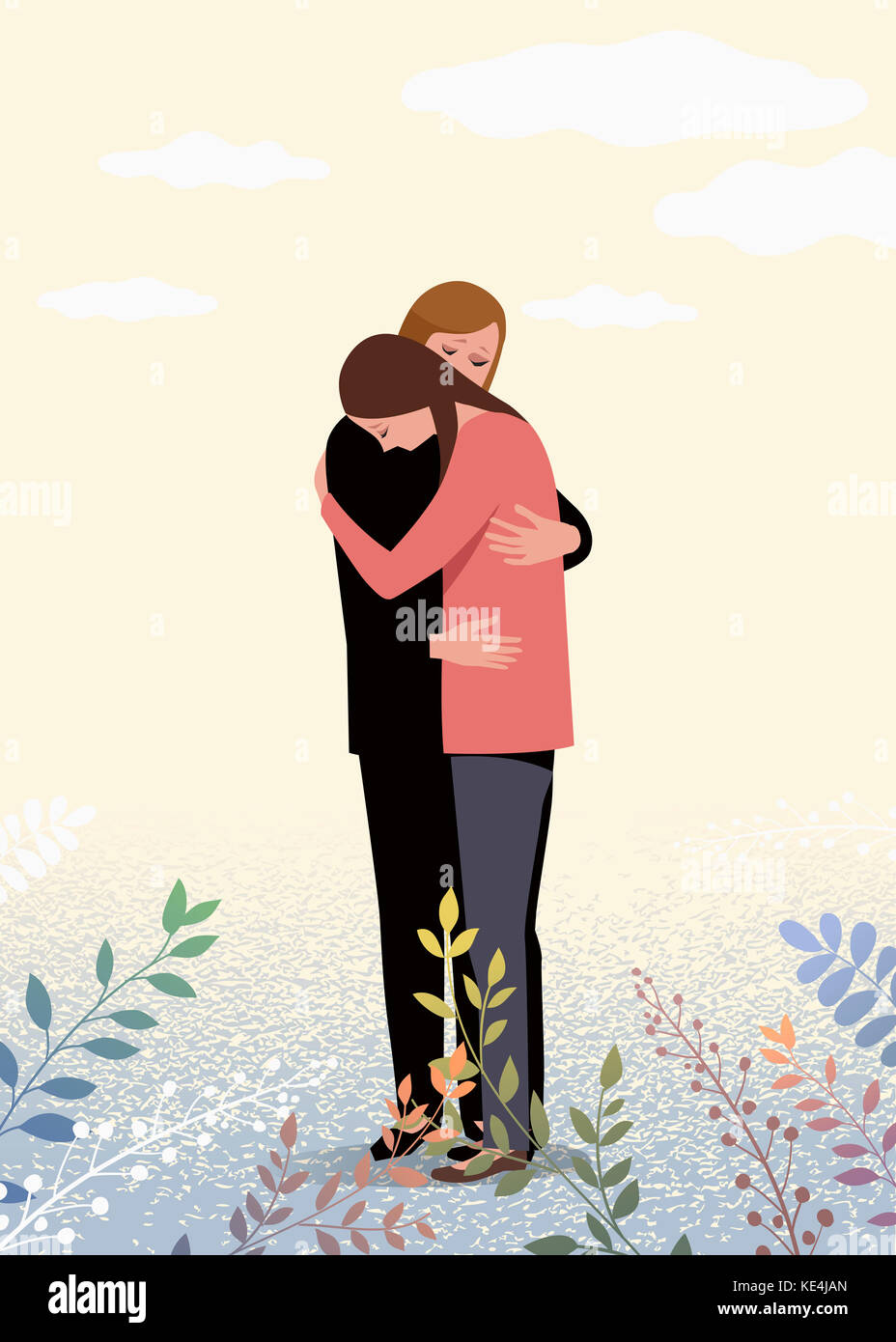 Side view of two women standing hugging Stock Photo - Alamy