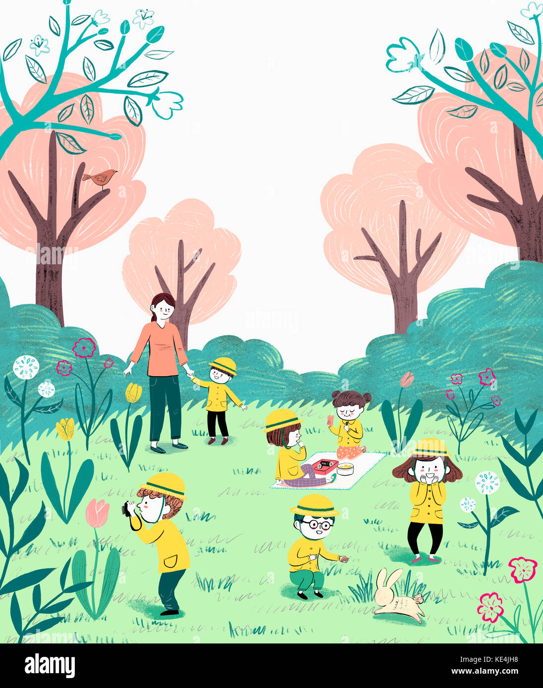 Background of spring, smiling kindergarten kids and their teacher ...