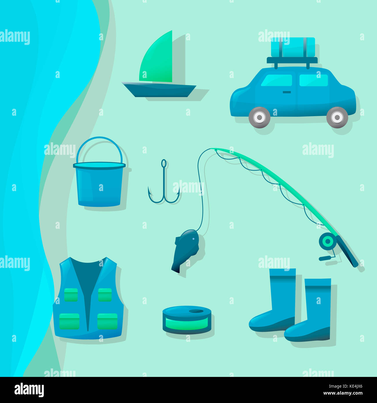 Icon of various objects for fishing Stock Photo - Alamy
