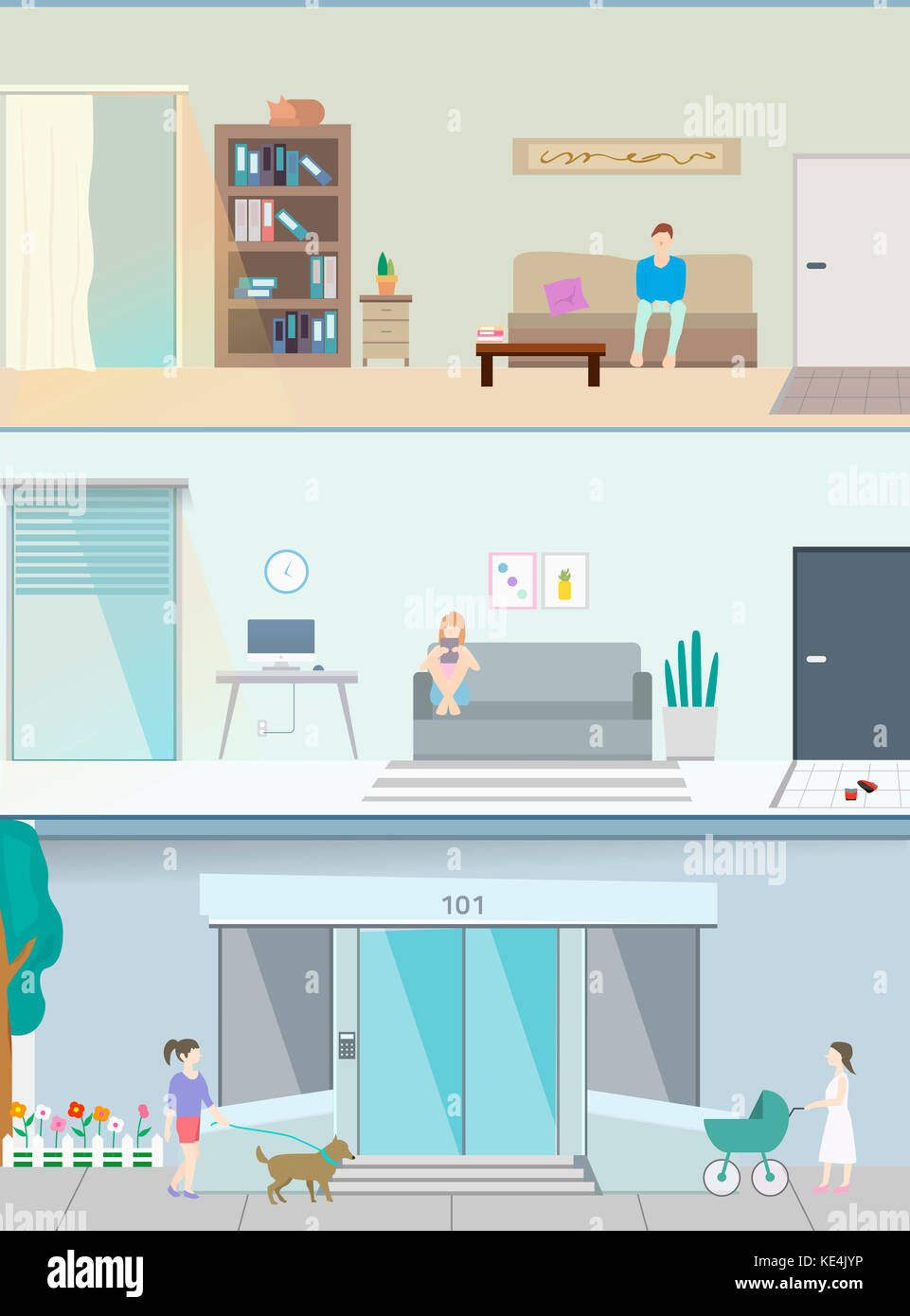 Lifestyle of various people at apartment building Stock Photo - Alamy