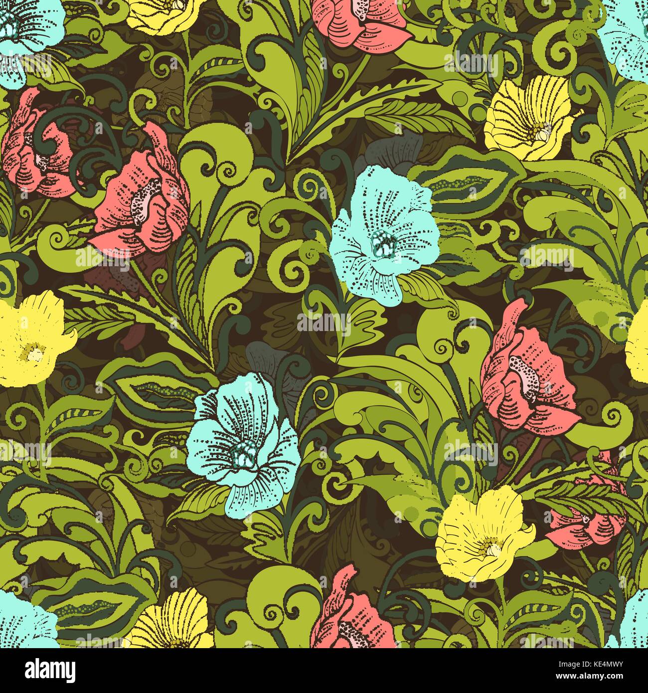 Abstract flowers seamless pattern, vector floral background, cartoon ...