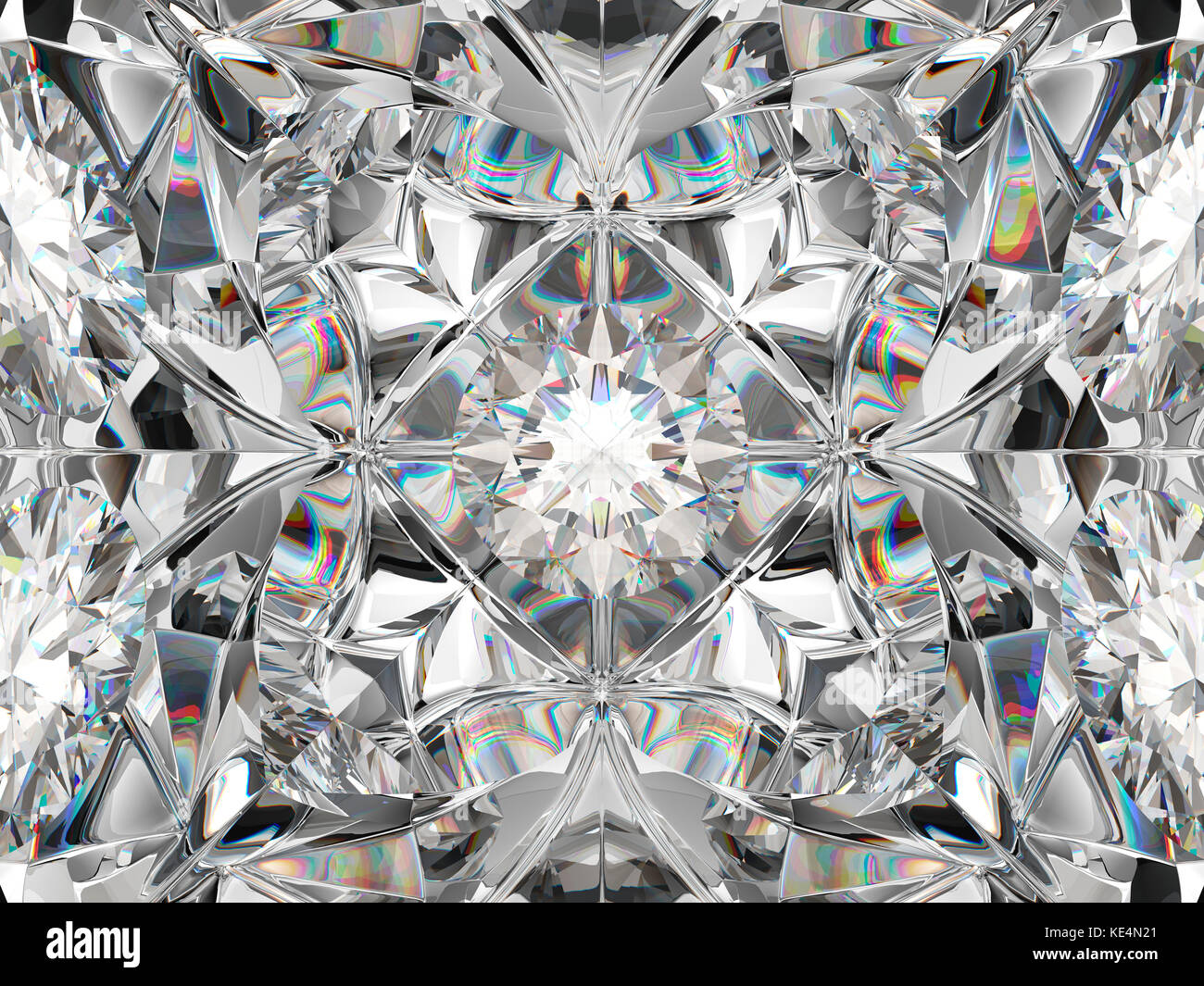 Diamond closeup and kaleidoscope pattern. top view of round gemstone 3d ...