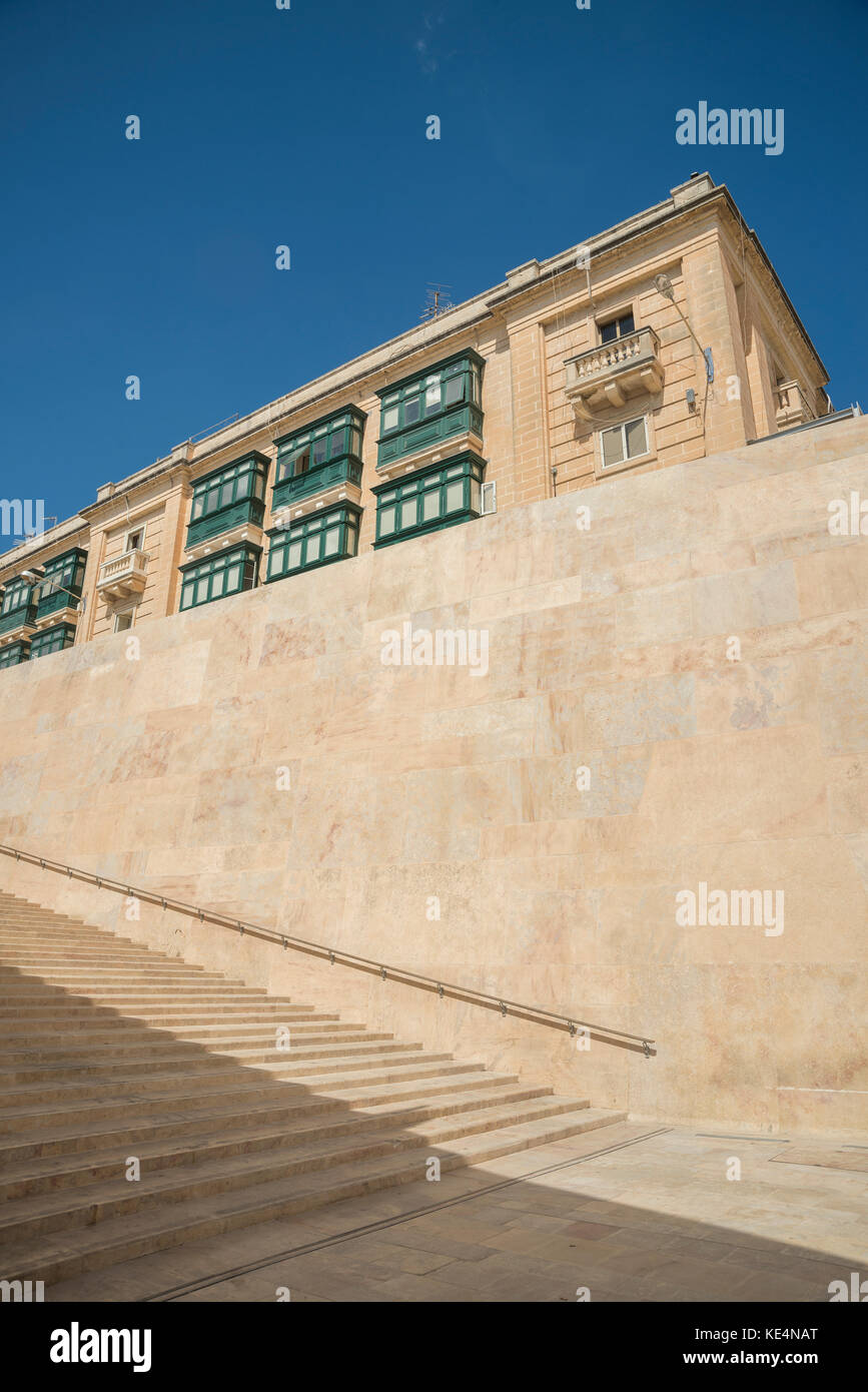 Rows of balconies behind modern steps in Valletta Malta Stock Photo - Alamy