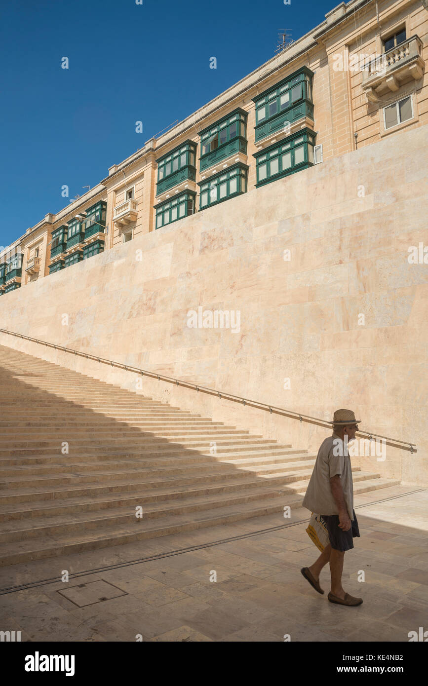 Rows of balconies behind modern steps in Valletta Malta Stock Photo - Alamy