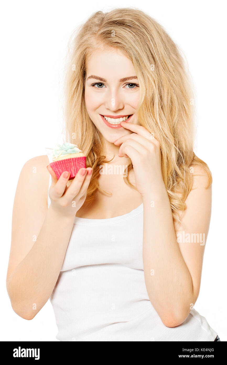 Smiling Girl holding Cake in her hands. Woman with Beautiful Toothy ...
