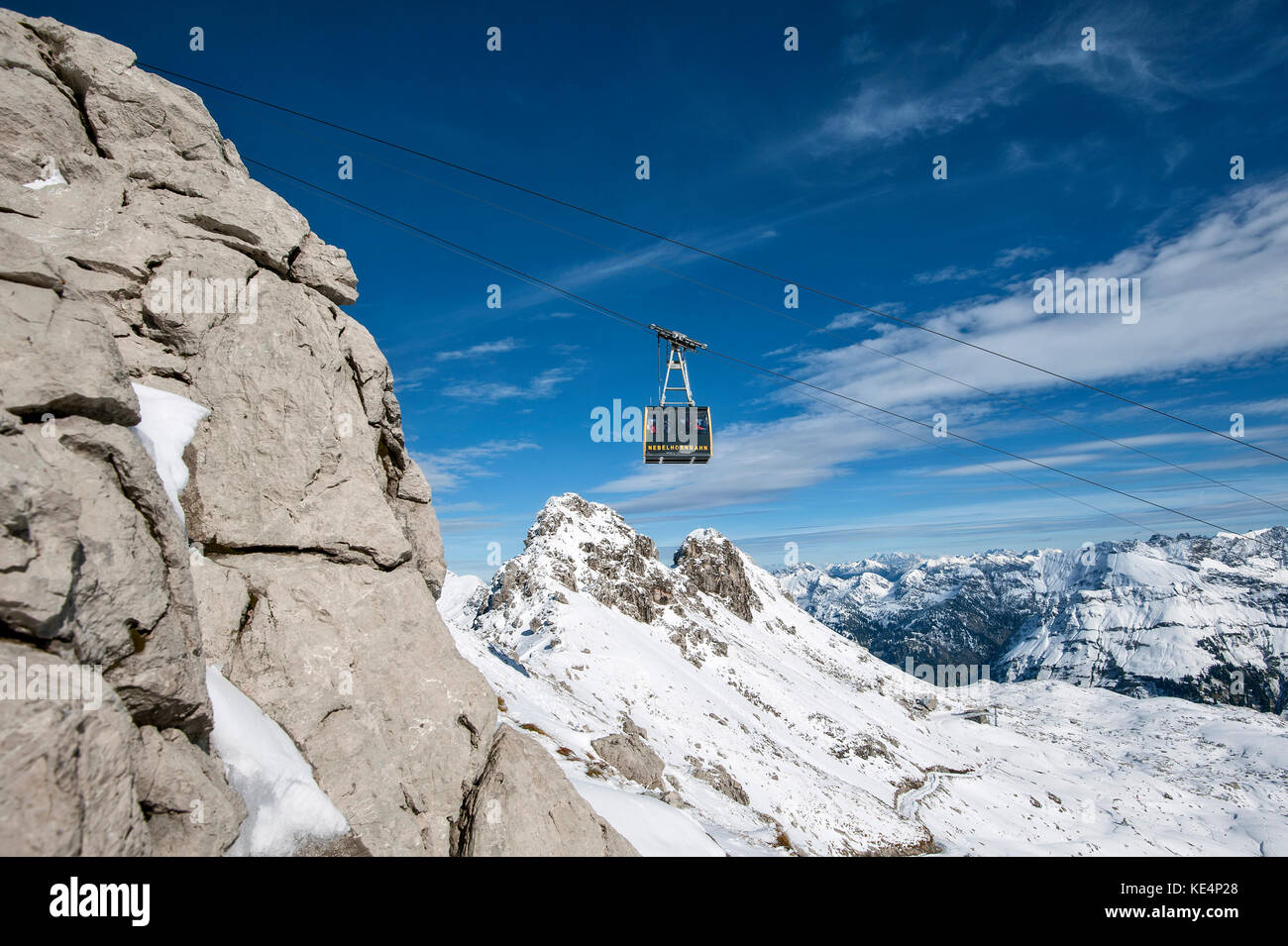 Snow covered Nebelhorn with Nebelhorn cable car, Oberstdorf ...