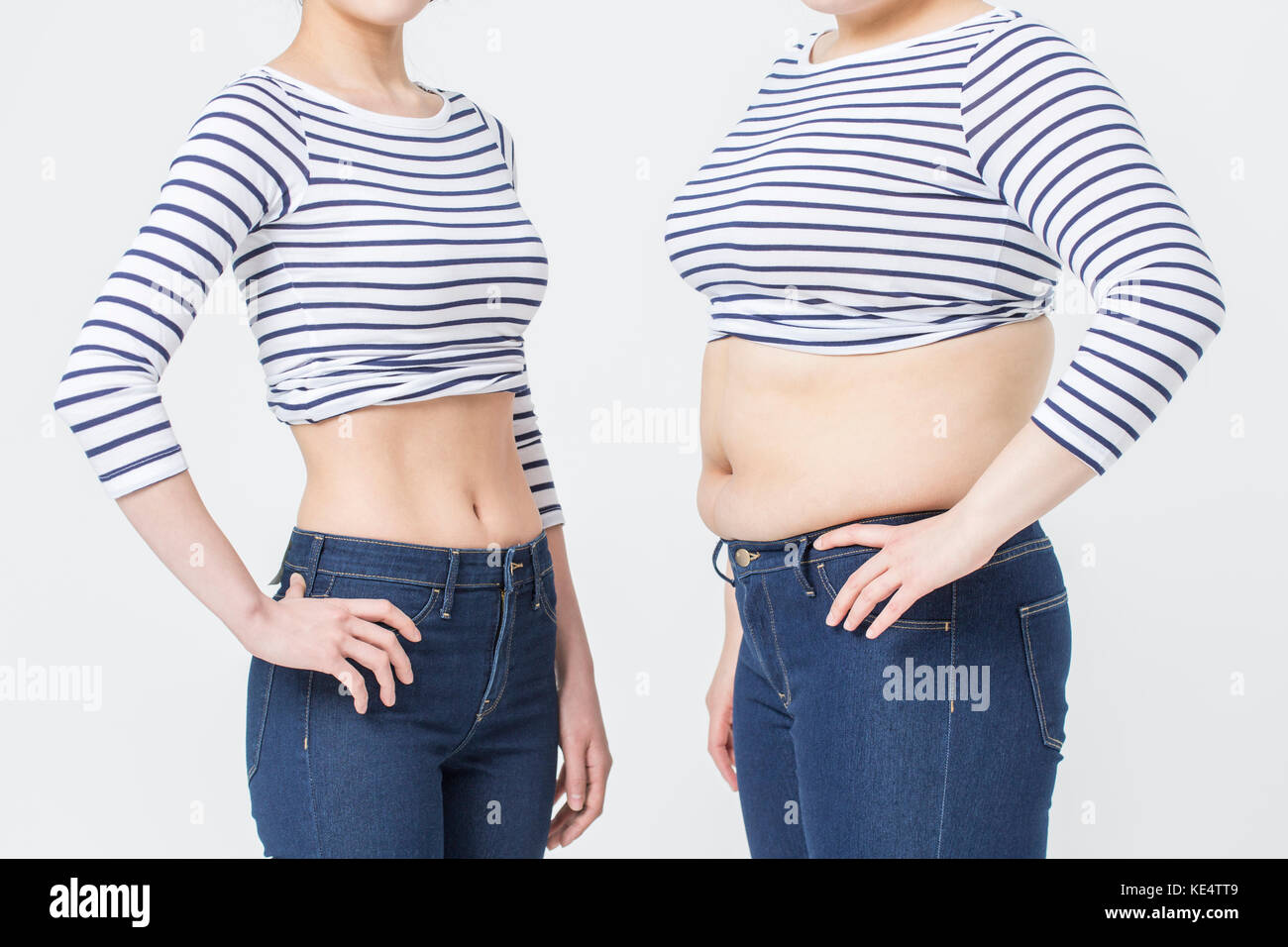 Contrast of body lines of two young women slim and fat Stock Photo - Alamy