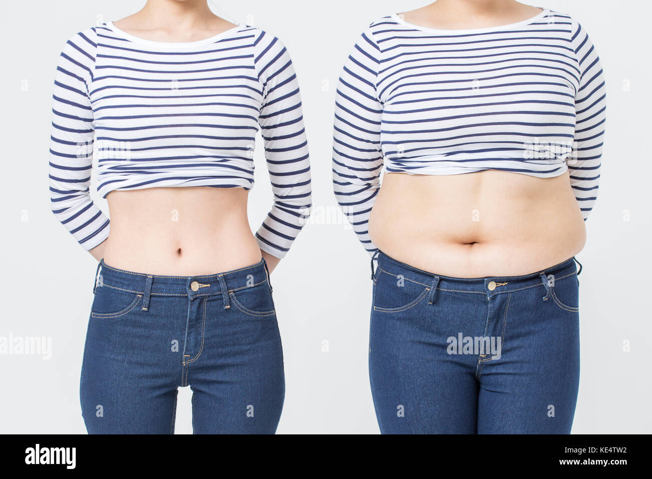 Contrast of body lines of two young women slim and fat Stock Photo - Alamy
