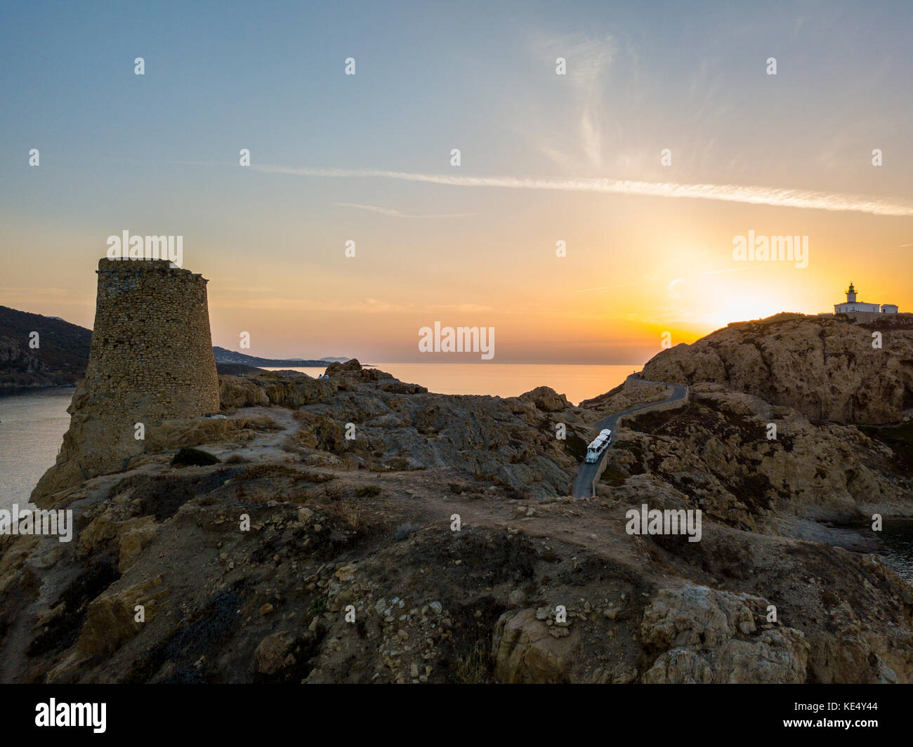 Aerial view of the Pietra Lighthouse at sunset and the Genoese tower, L ...