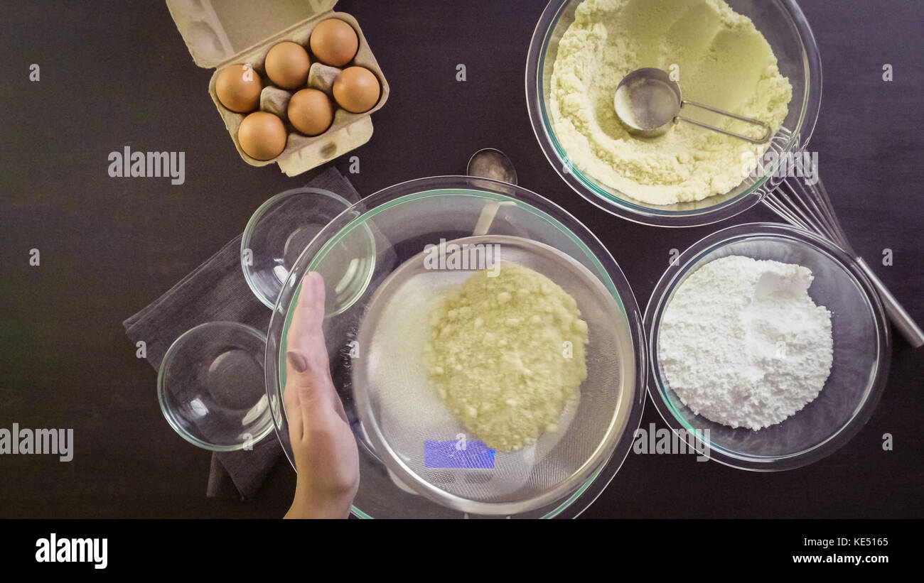 Step by step. Ingredients for baking french macarons on the table Stock ...