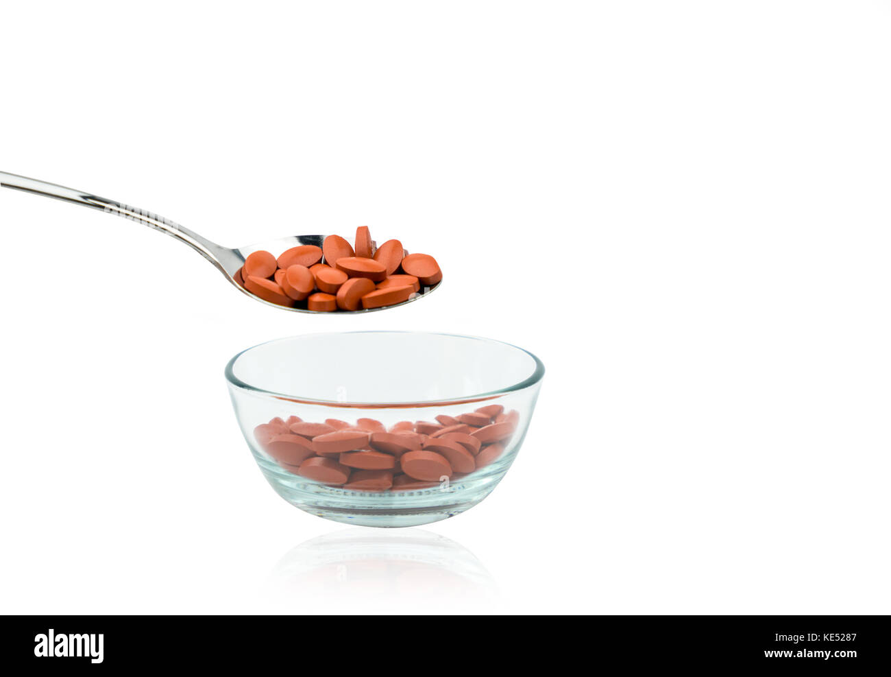 Iron tablets in spoon isolated on white background with copy space for ...