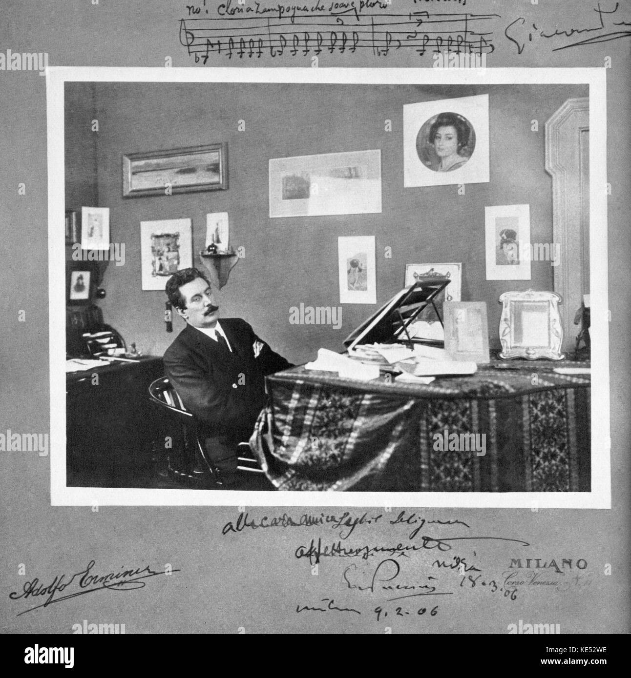 Giacomo Puccini at home at his piano, Torre del Lago. Italian composer ...