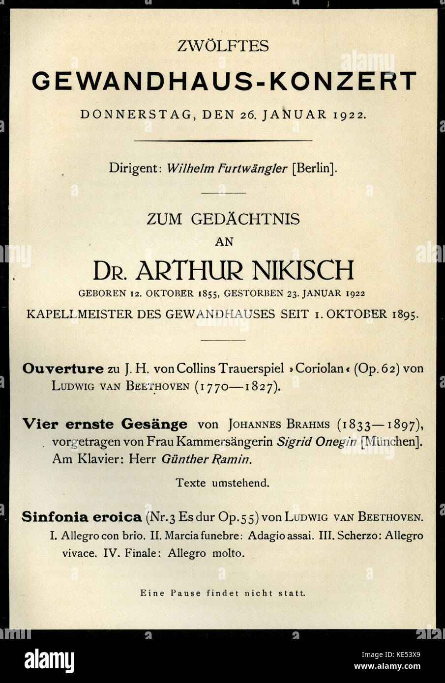 Memorial concert for Arthur Nikisch on 26 January 1922 by Berlin ...