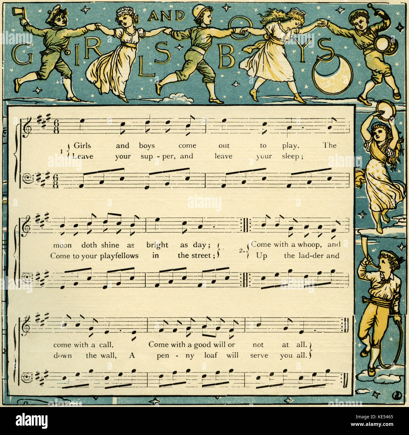 Girls and boys come out to play, nursery rhyme illustration (1877) by ...