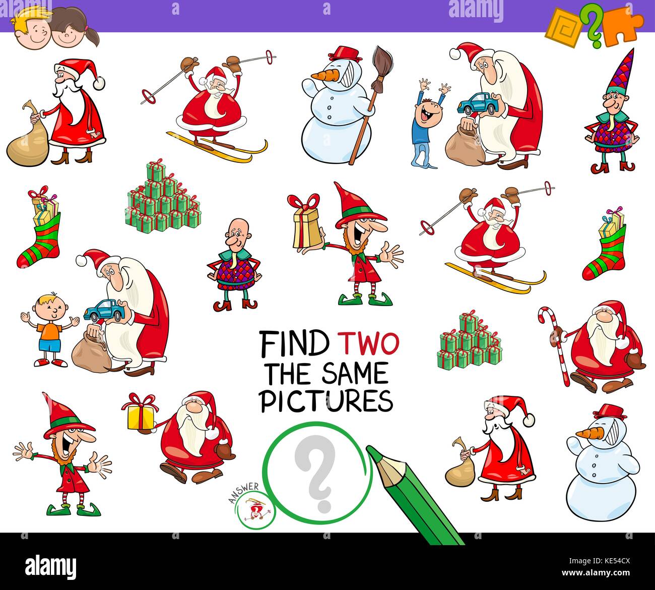 Cartoon Illustration of Finding Two Identical Pictures Educational ...