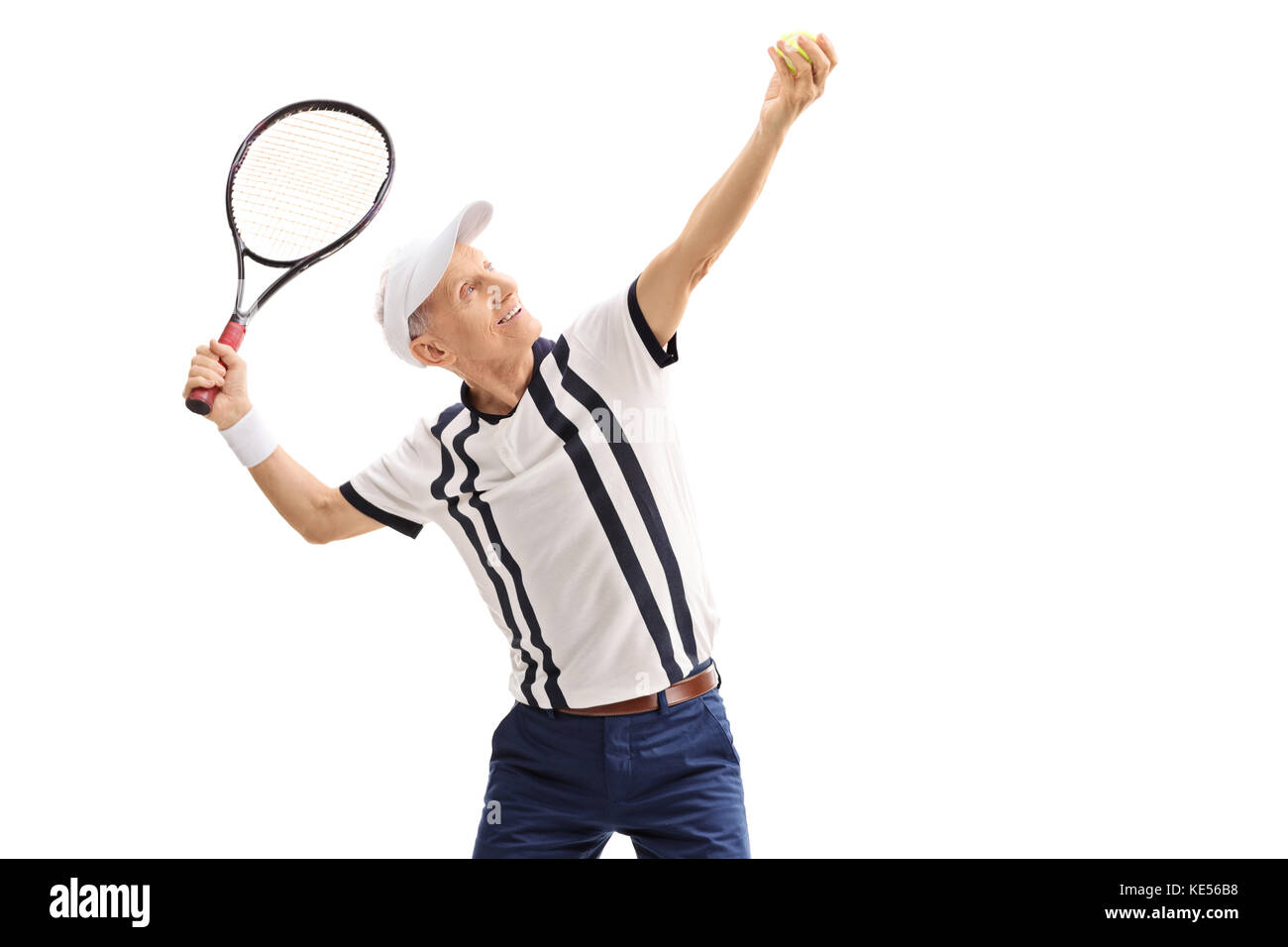 Old tennis player preparing to serve isolated on white background Stock ...