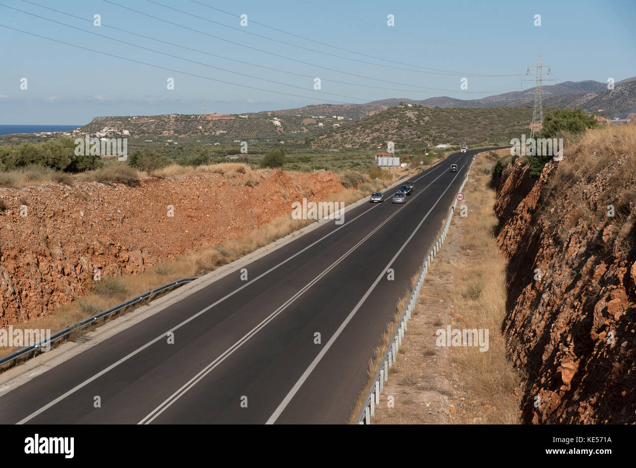 Malia, Crete, Greece. The E75 a National road with new road surface ...