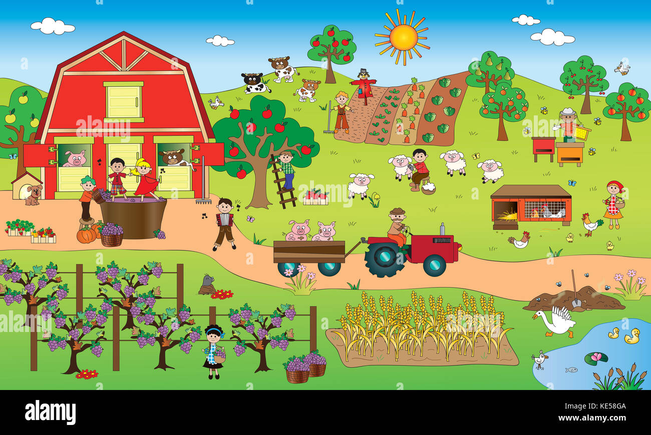 landscape with farm animals and worker Stock Photo - Alamy