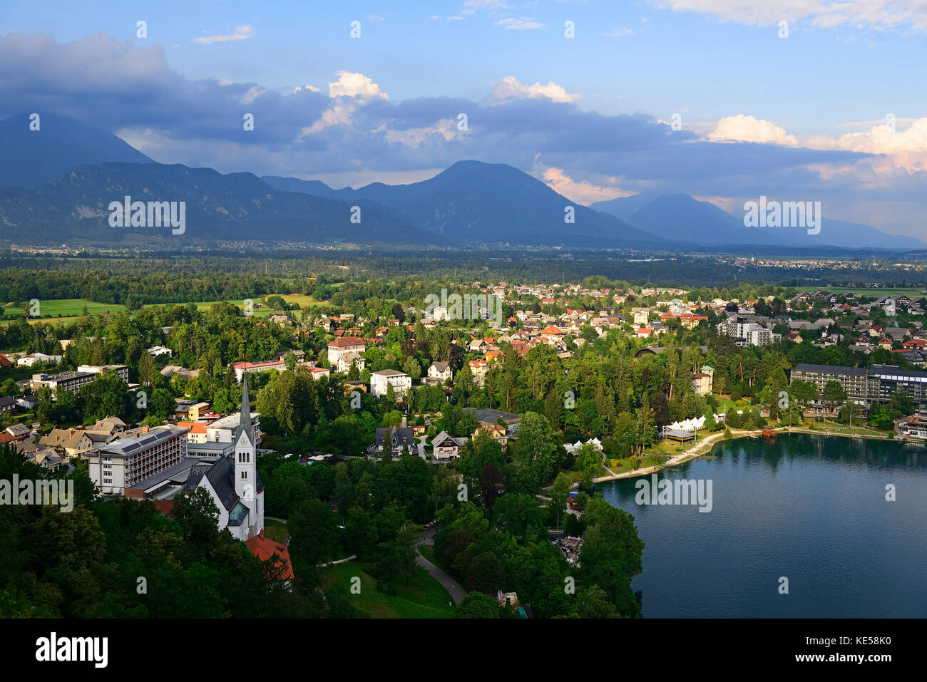 View from Bled Castle to Lake Bled and village, Bled, Slovenia Stock ...