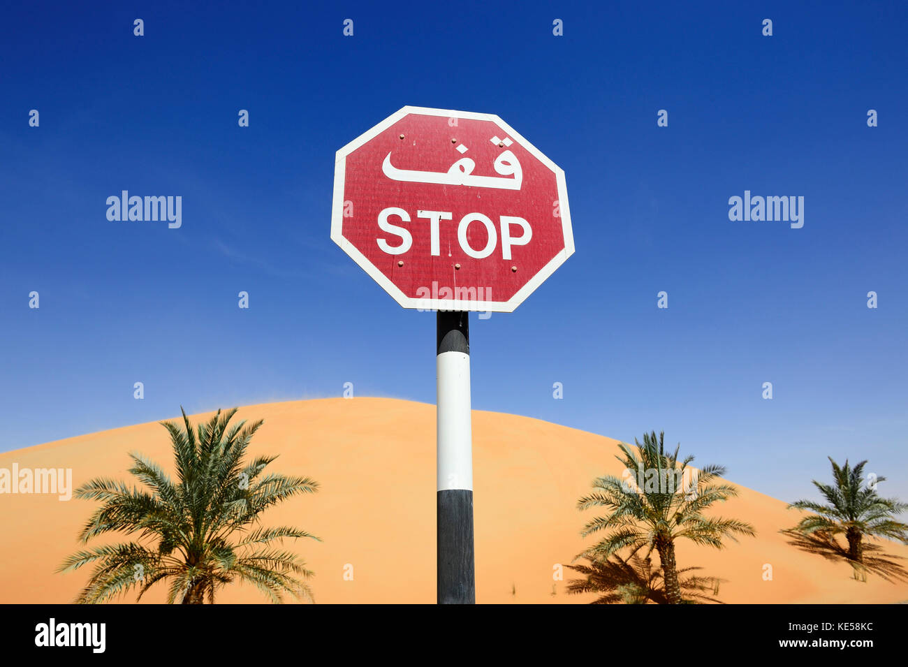 Stop sign in the sand dunes in front of Qasr-al-Sarab Hotel, Liwa ...