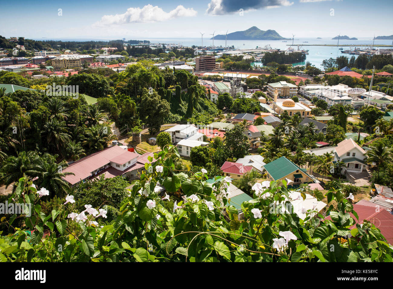 The Seychelles, Mahe, Victoria, elevated view of city centre and ...