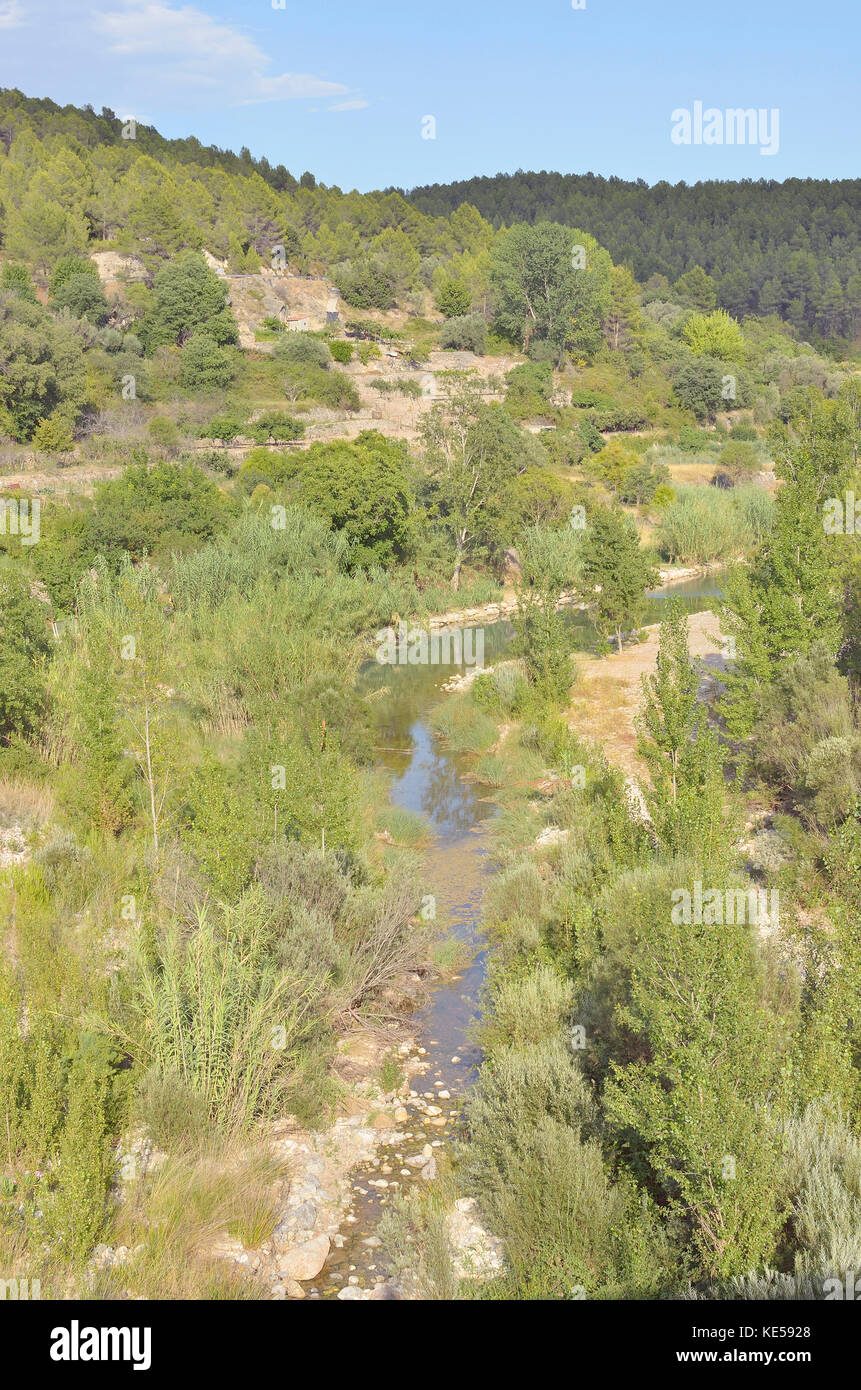 Mijares river. View of sunny landscape, in Montanejos village (province ...