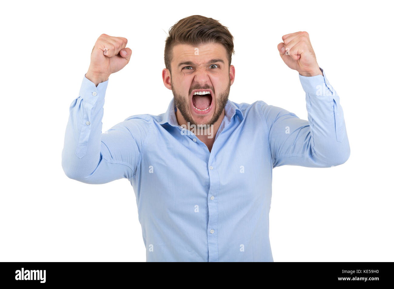Image of screaming angry young bearded emotional man standing over ...