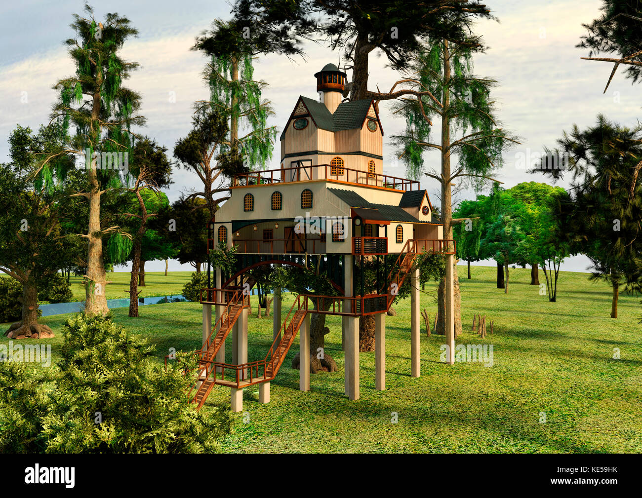 3D rendering of a lodge style treehouse Stock Photo - Alamy