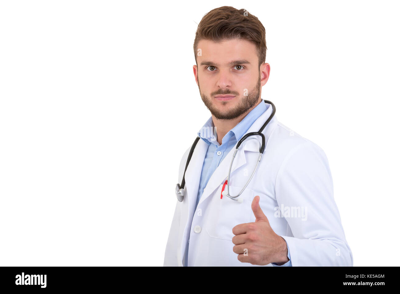 Successful young handsome and stylish bearded doctor in white uniform ...
