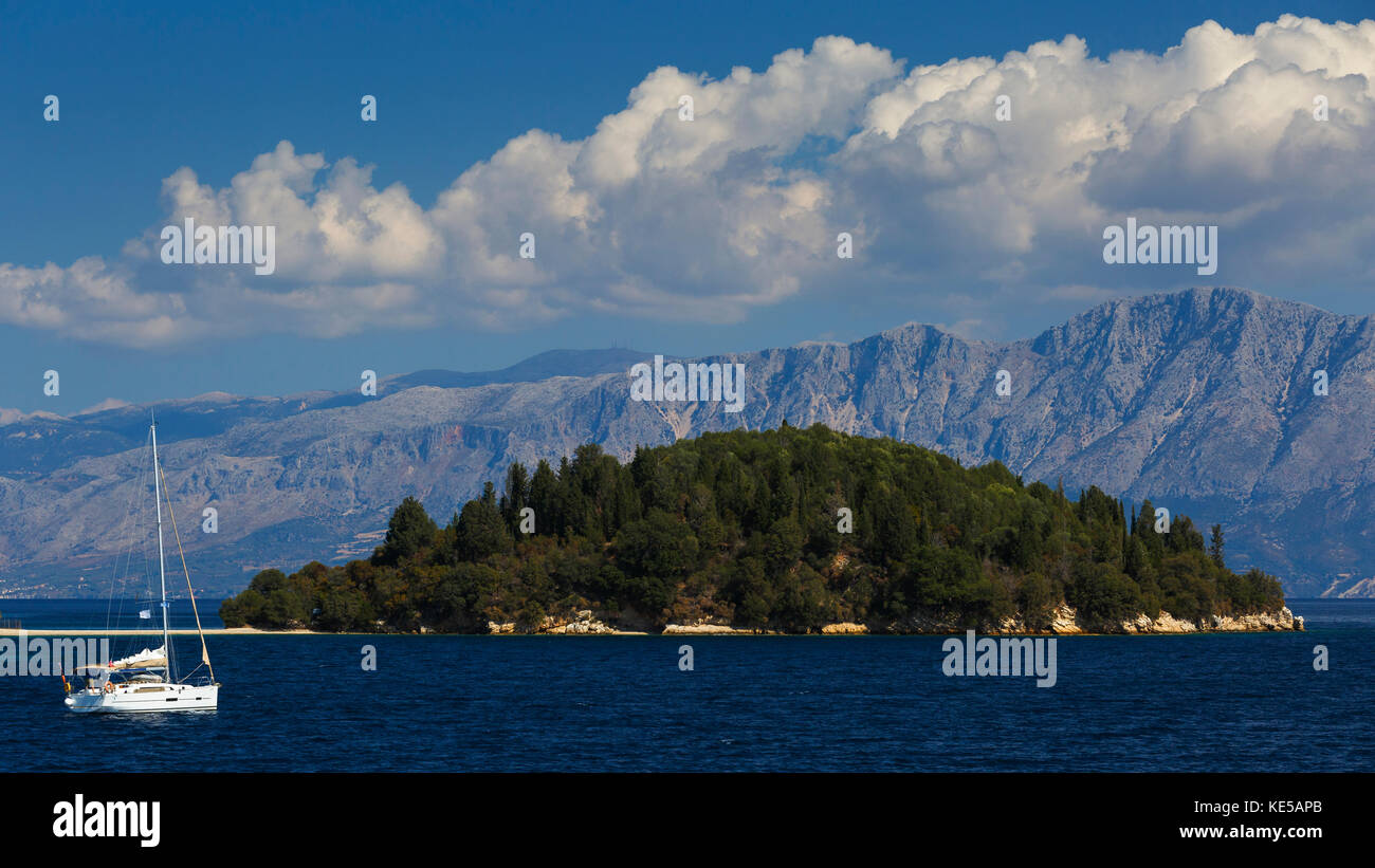 Sail boat at the coast of Skorpios island in Ionian sea, Greece Stock ...