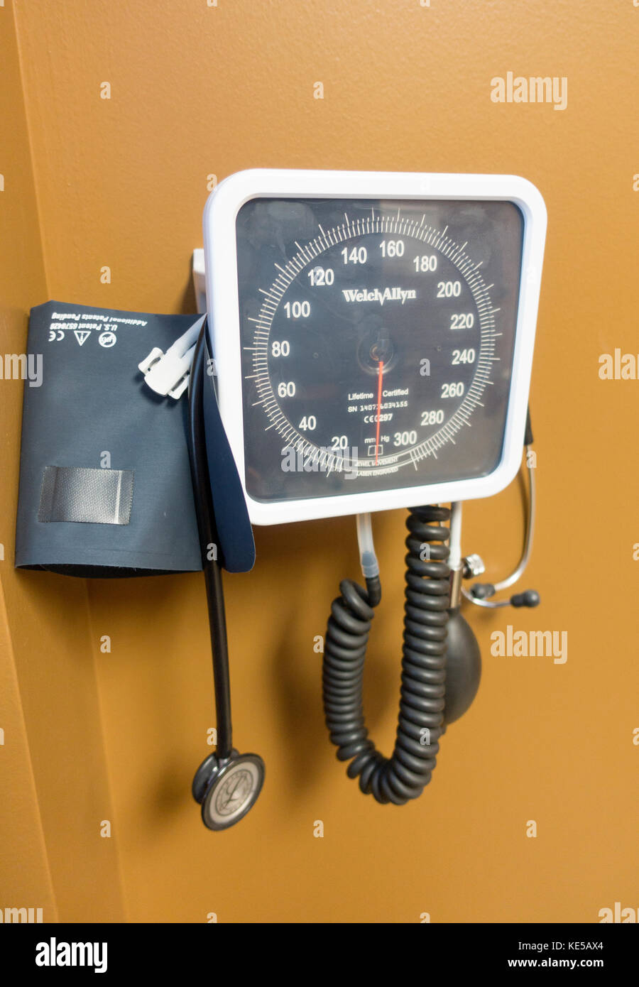 Blood pressure gauge and sleeve along with a stethoscope mounted on the ...