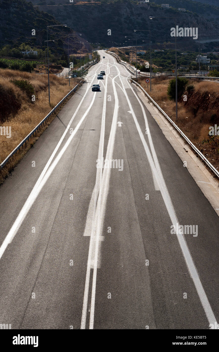 Malia, Crete, Greece. The E75 a National road with new road surface and ...
