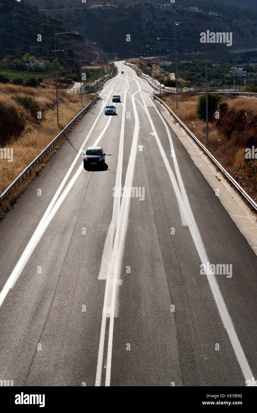 Malia, Crete, Greece. The E75 a National road with new road surface and ...