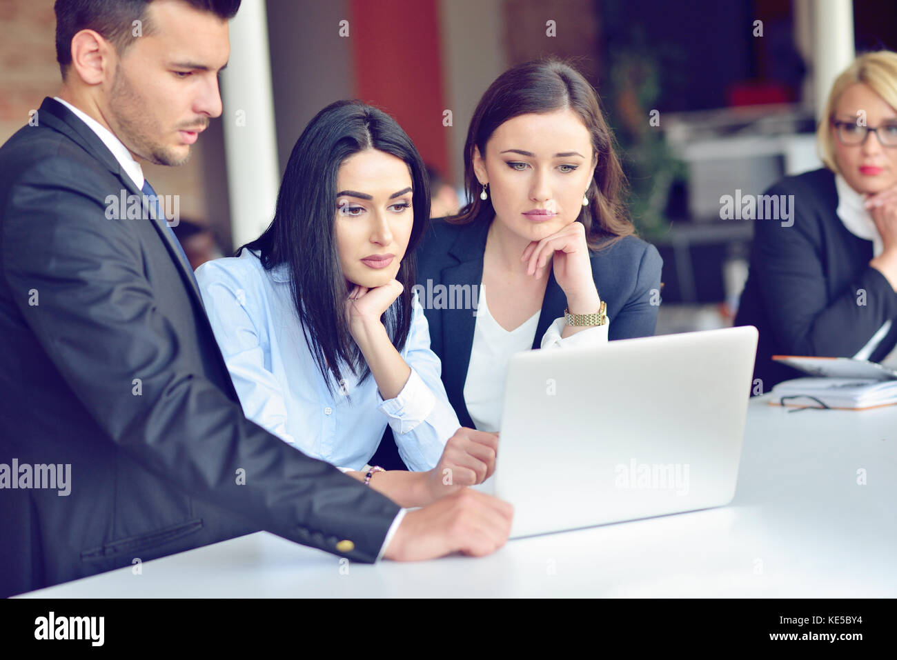 Teamwork process concept.Young coworkers work with new startup project ...