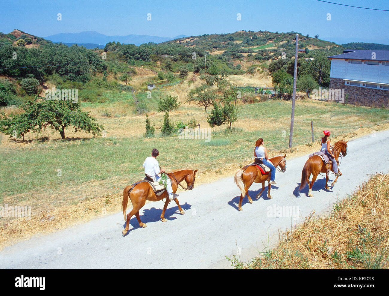 Three people riding horses. Las Medulas, Leon province, Castilla Leon ...