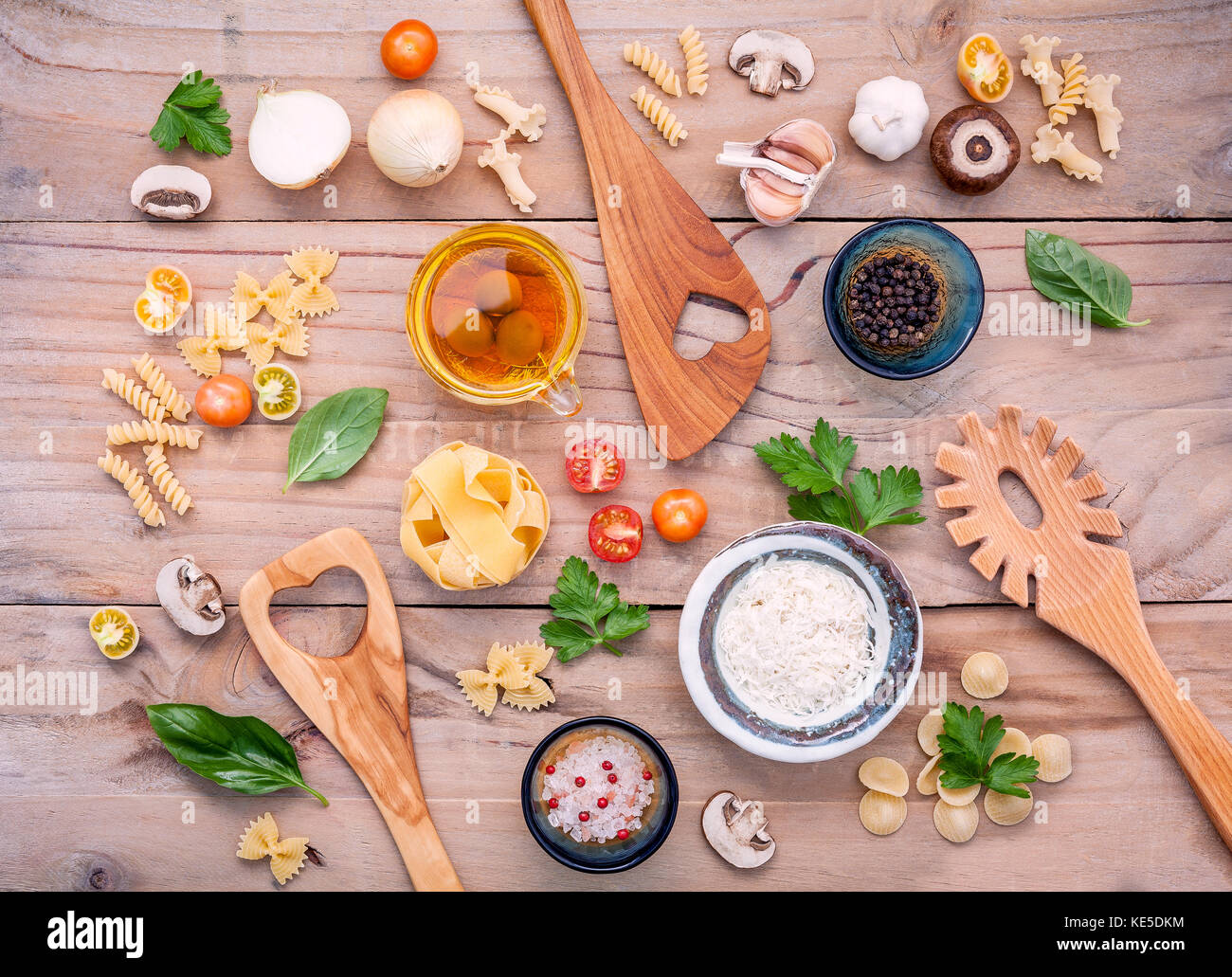 Italian foods concept and menu design. Fettuccine with wooden spatula ...