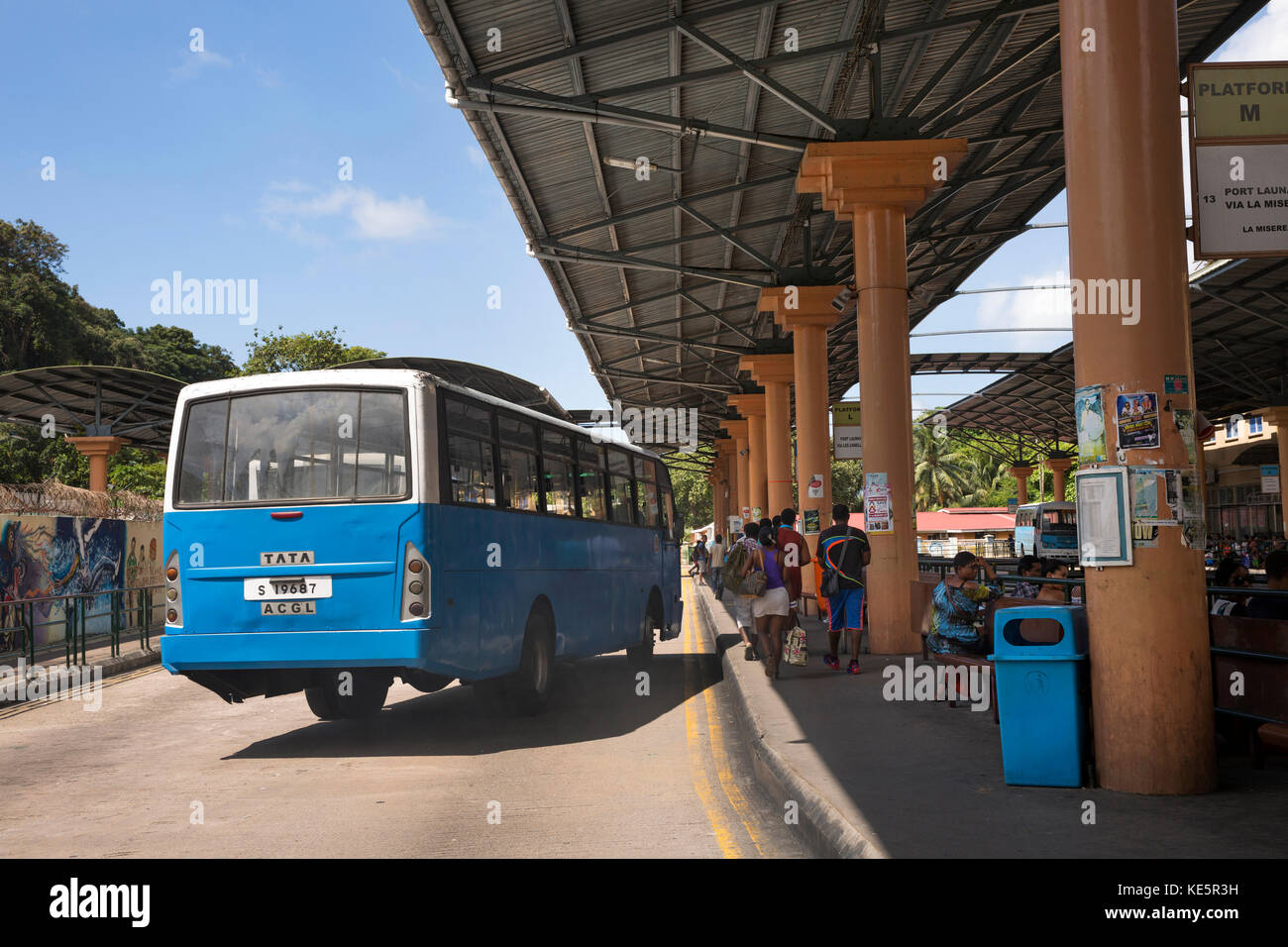 The Seychelles, Mahe, Victoria, Palm Street, Bus Station, passengers ...