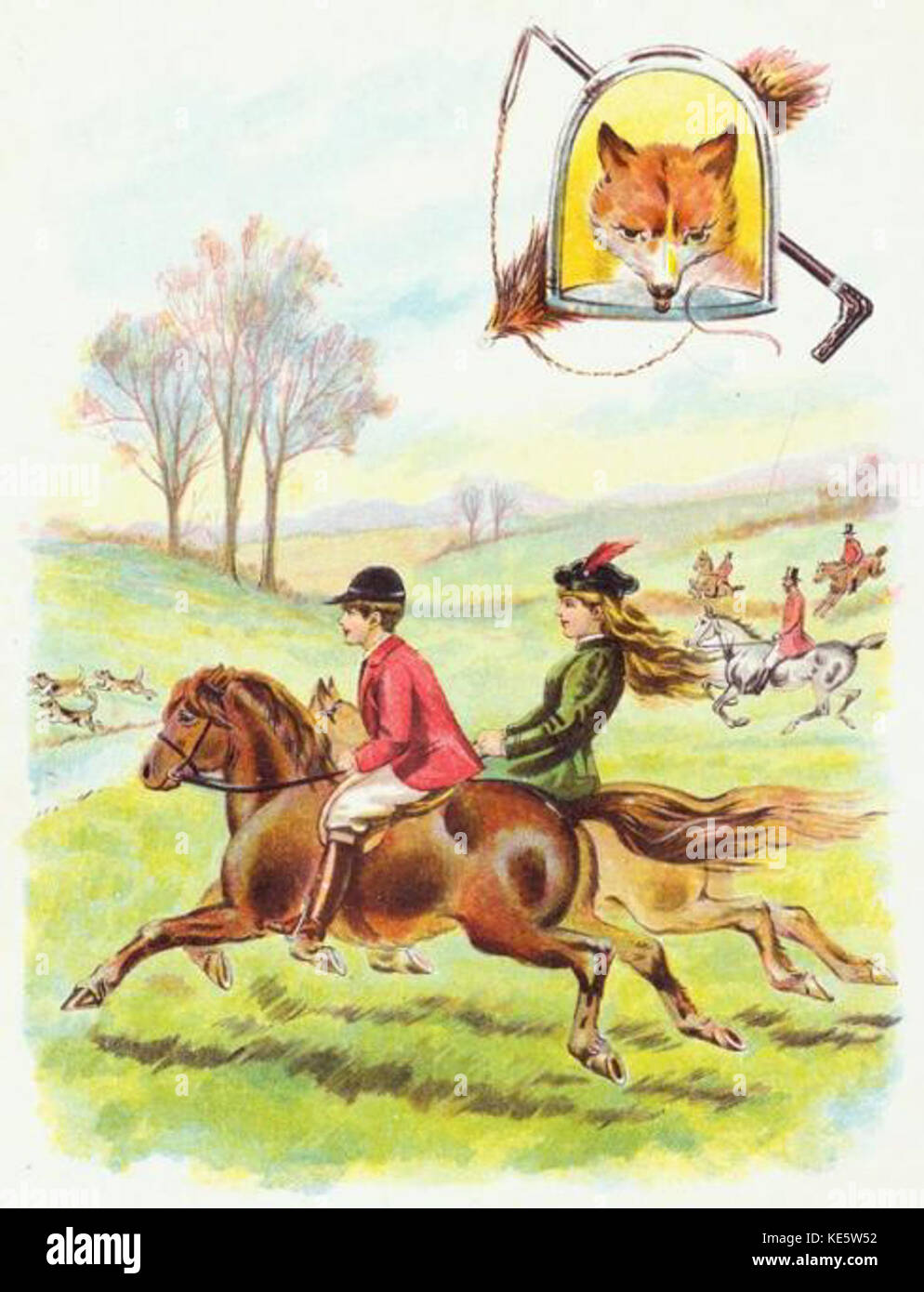 A traditional fox hunt, depicting riders on horseback chasing a fox ...