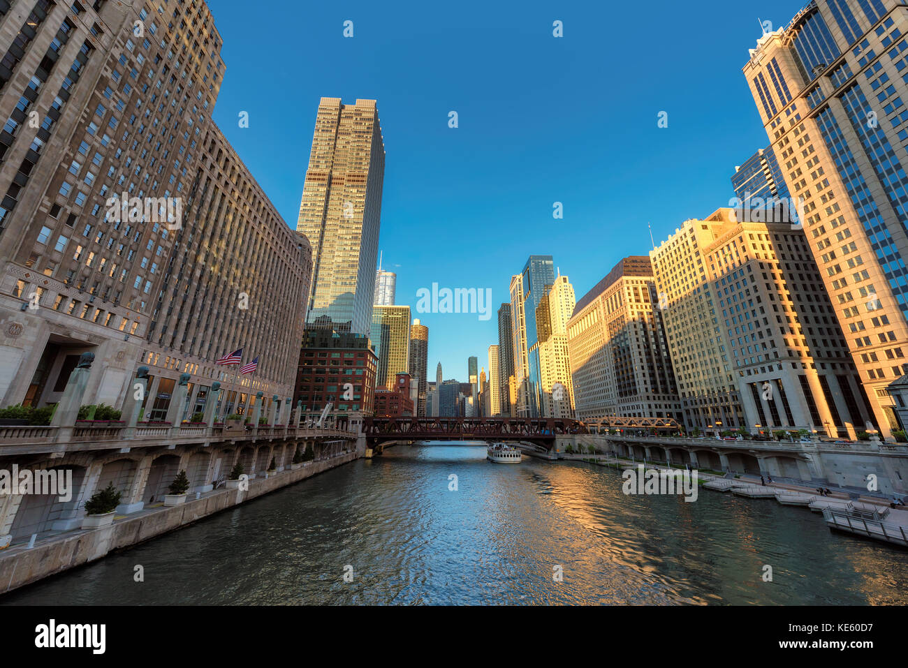Chicago downtown and Chicago River with bridges at sunset Stock Photo ...
