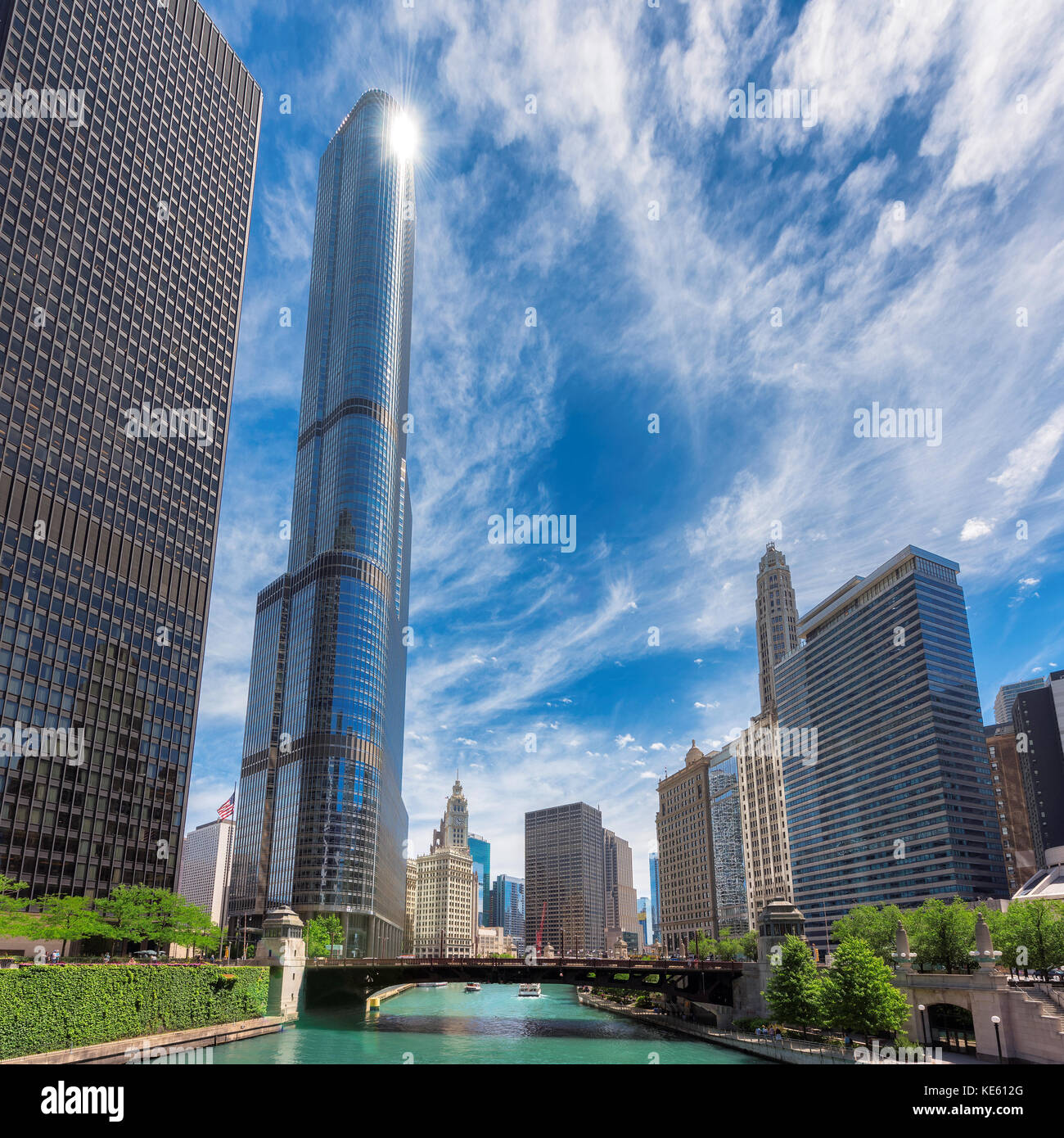 Chicago downtown and Chicago River with bridges at sunny day Stock ...
