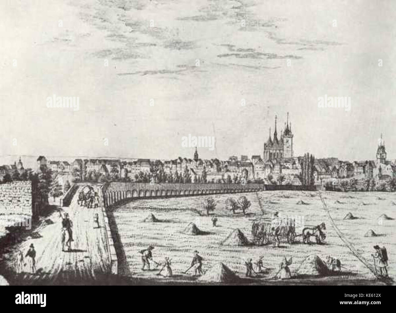 This historical image depicts the inundation bridge in Louny, Czech ...