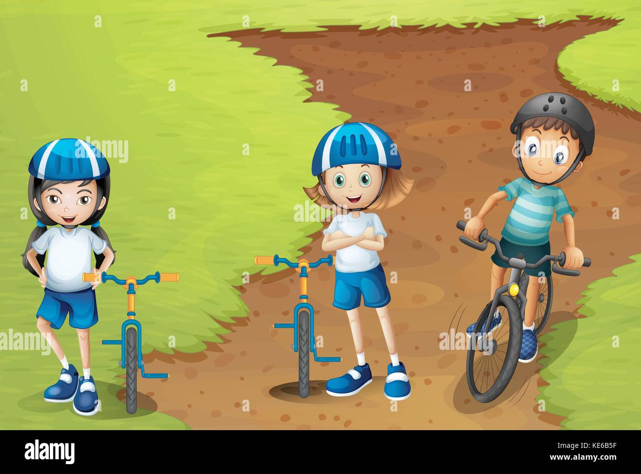 Three kids riding bike with helmet on illustration Stock Vector Image ...